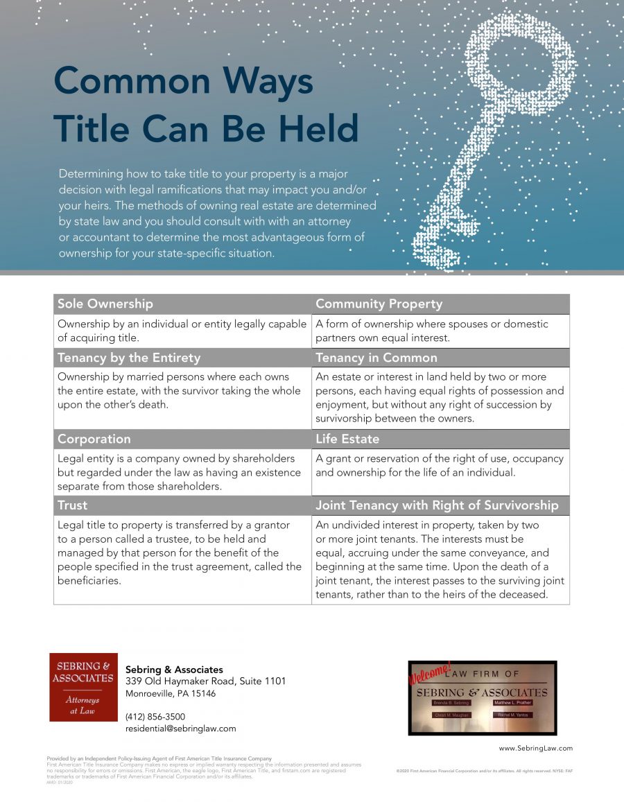 Common Ways Title Can Be Held - The Law Firm of Sebring & Associates